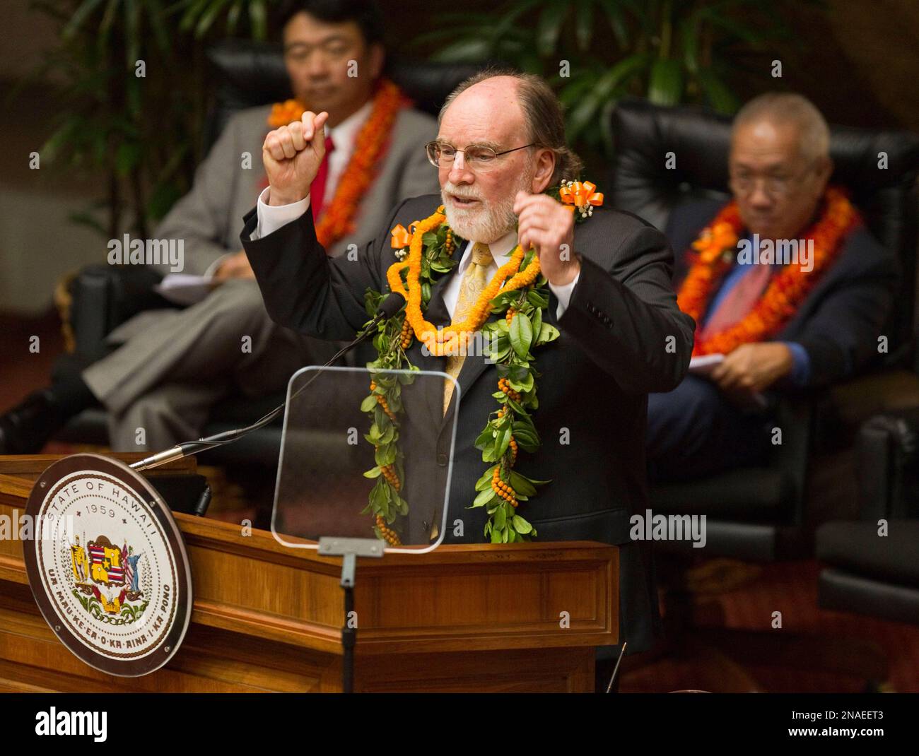 Hawaii Gov. Neil Abercrombie gestures while addressing a joint session ...