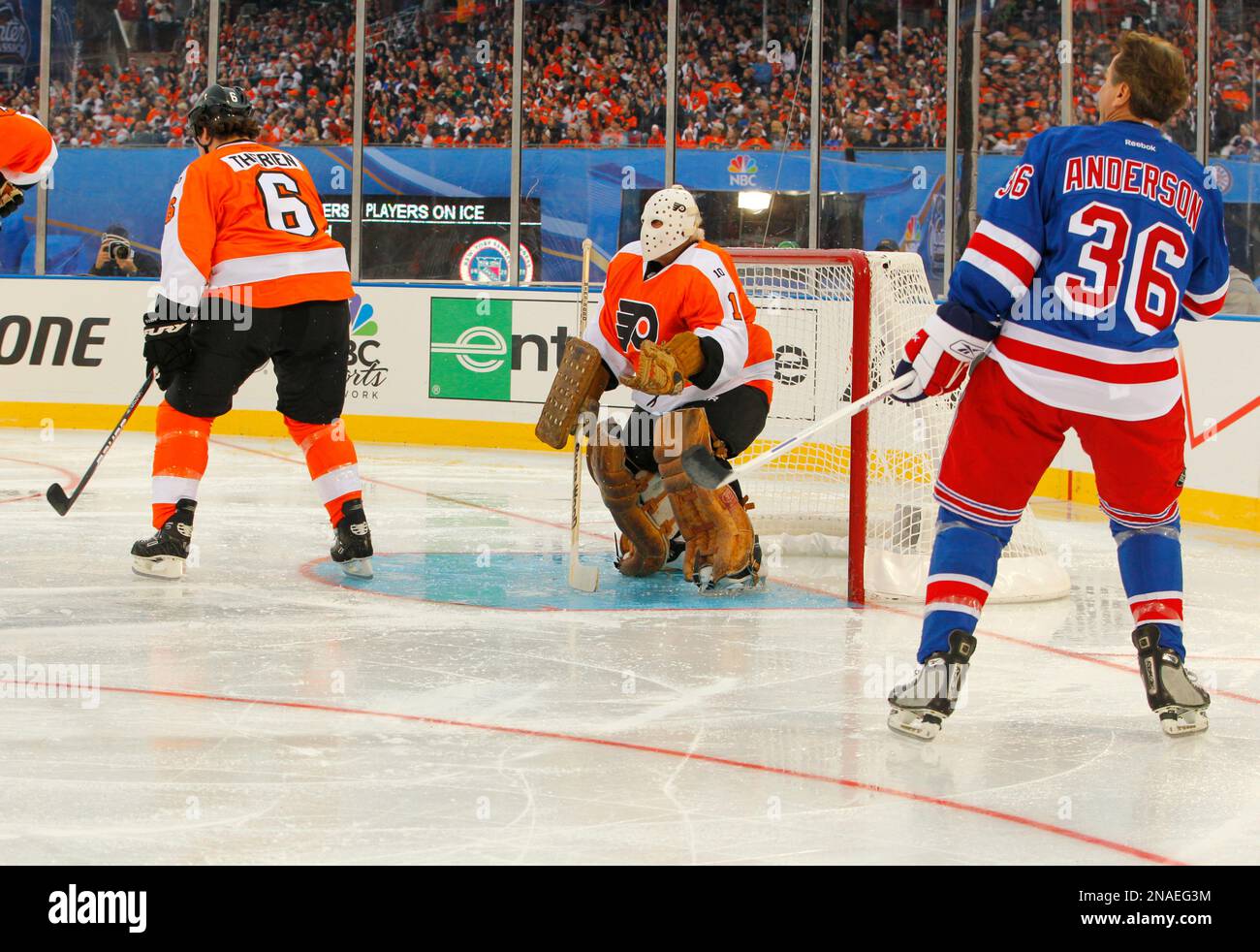 Bernie Parent, goalie of the Philadelphia Flyers Alumni team watches ...
