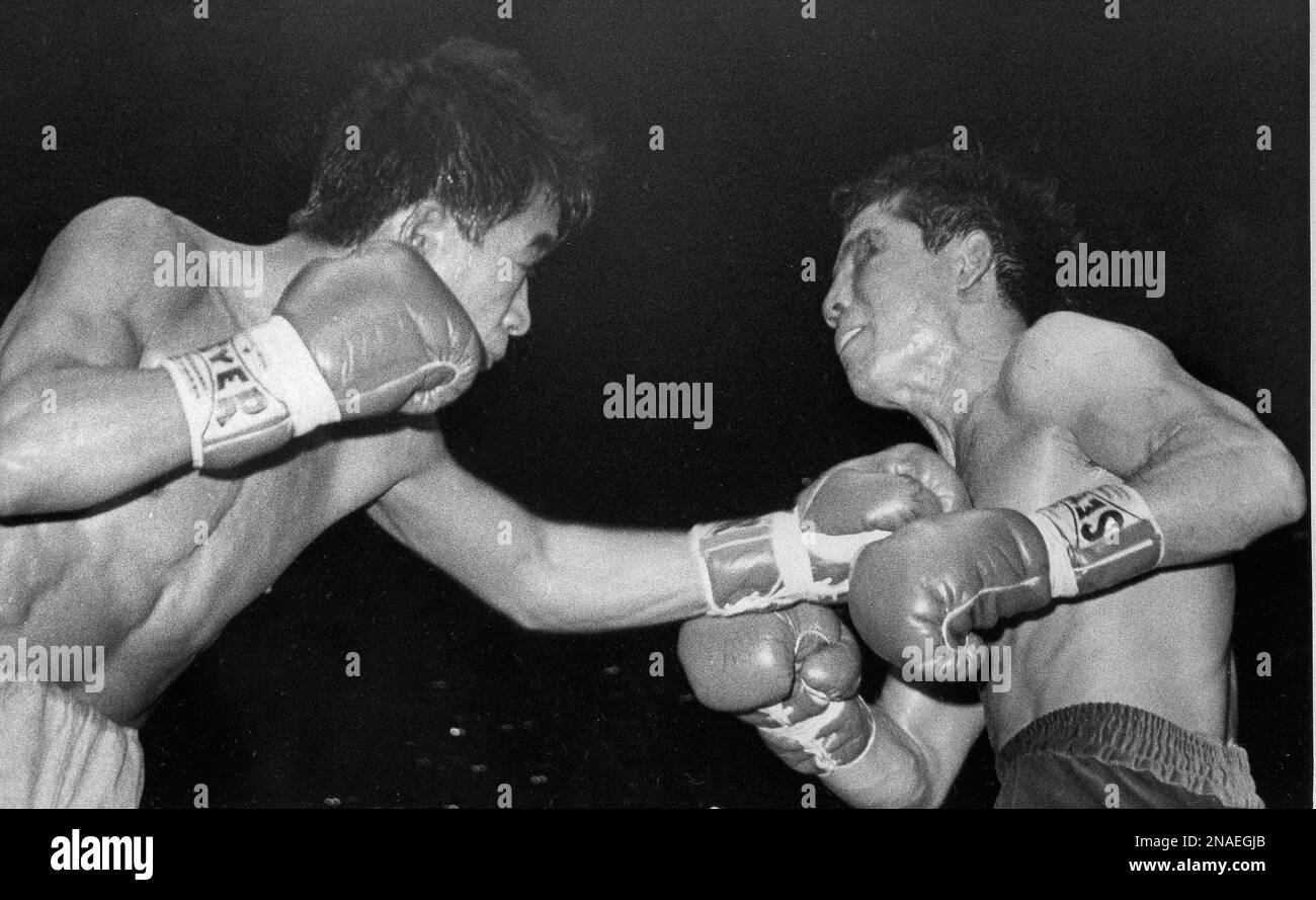 Shozo Saijo, left, of Japan, sends a hard left to the body of Raul ...