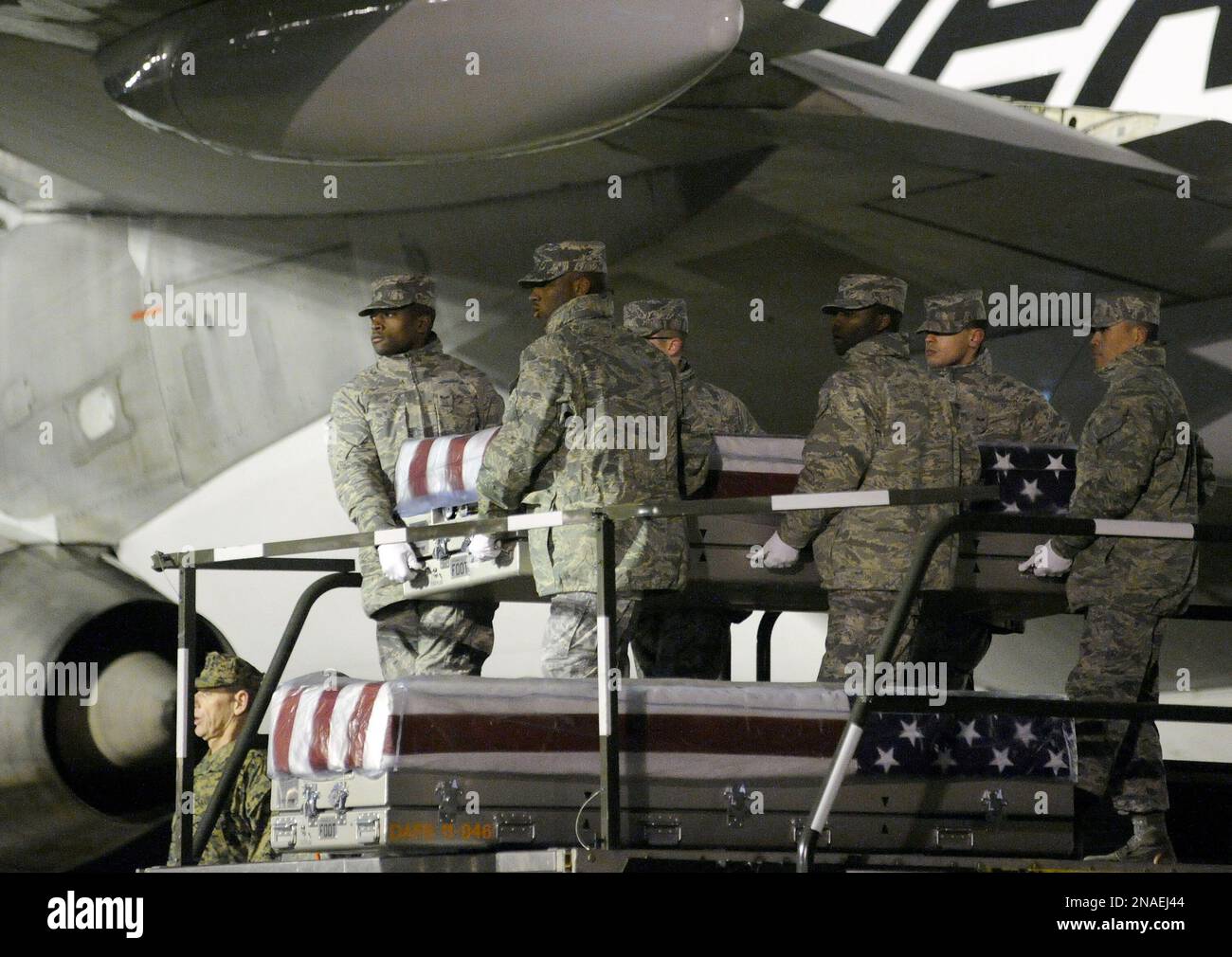 An Air Force carry team moves a transfer case containing the remains of ...