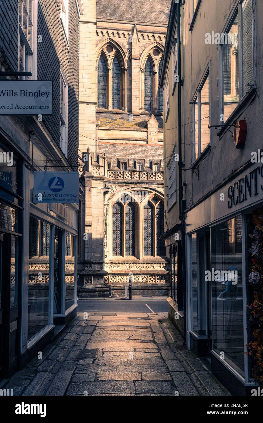 The historic Cathedral Lane in Truro in Cornwall in England in the UK ...