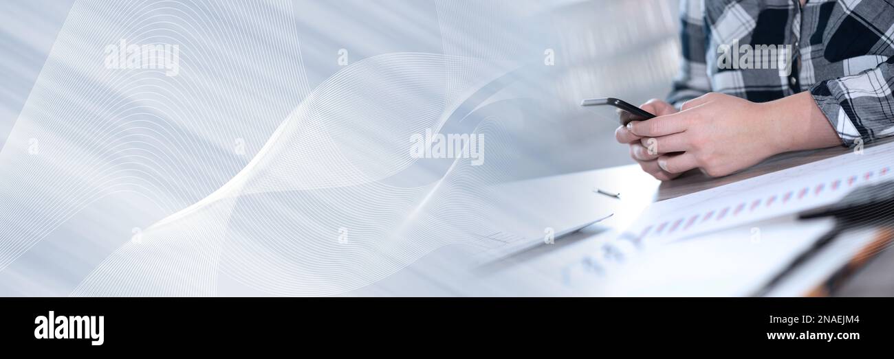 Female hands using a mobile phone; panoramic banner Stock Photo - Alamy