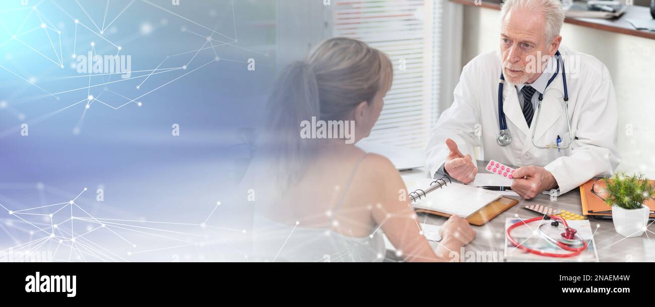 Senior doctor explaining treatment to his female patient in medical ...