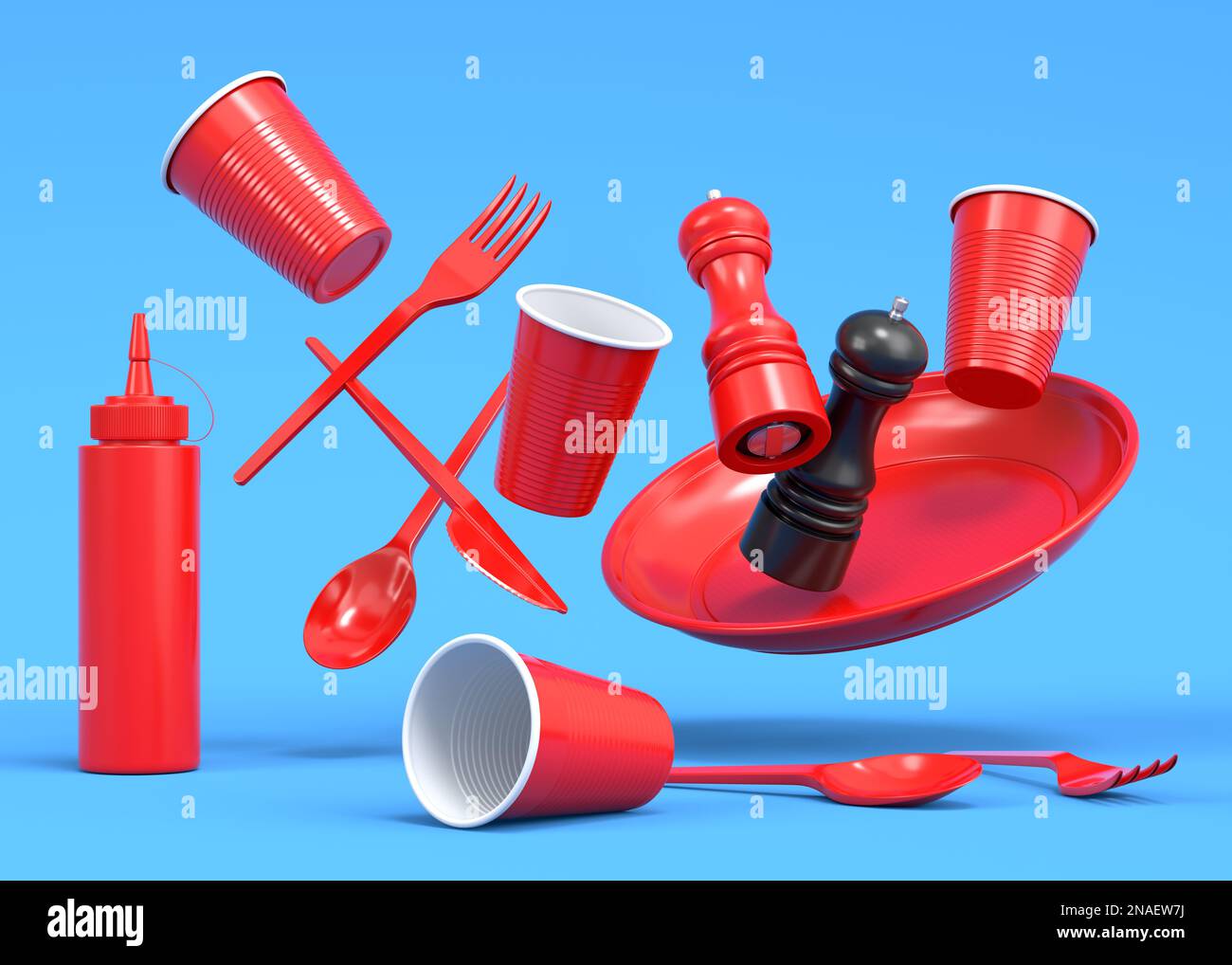 Set of disposable utensils like plate, folk, spoon,knife, cup and ...