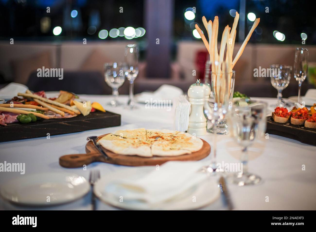 Pete, bread, sandwiches on the festive table. Beautifully decorated ...