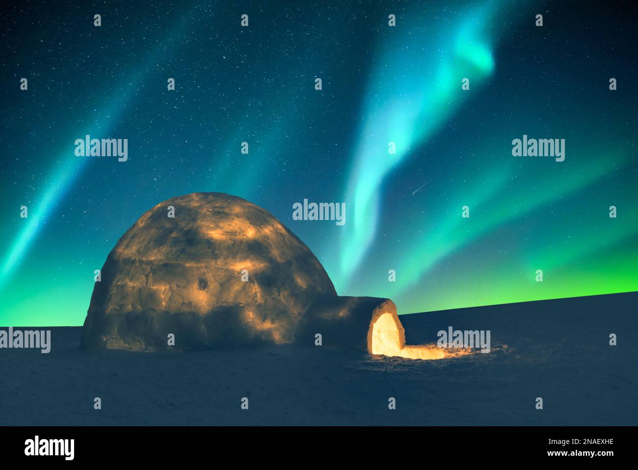 Aurora borealis. Northern lights in winter mountains. Wintry scene with ...