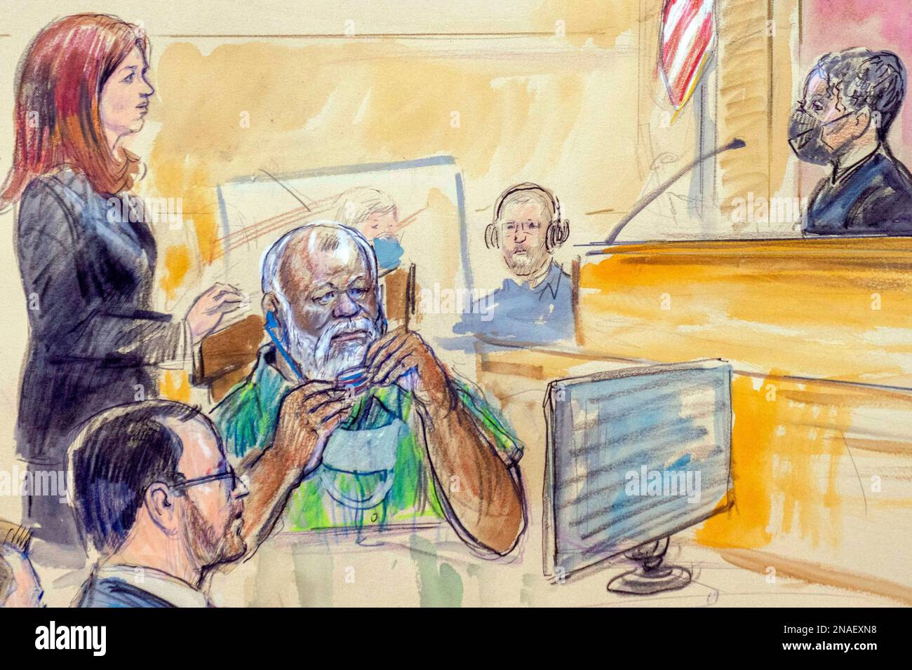 The artist sketch depicts Assistant U.S. Attorney Erik Kenerson, front ...