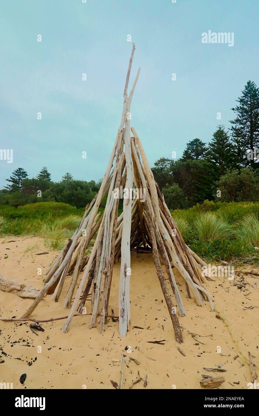 Driftwood Structures built in the sand Stock Photo - Alamy