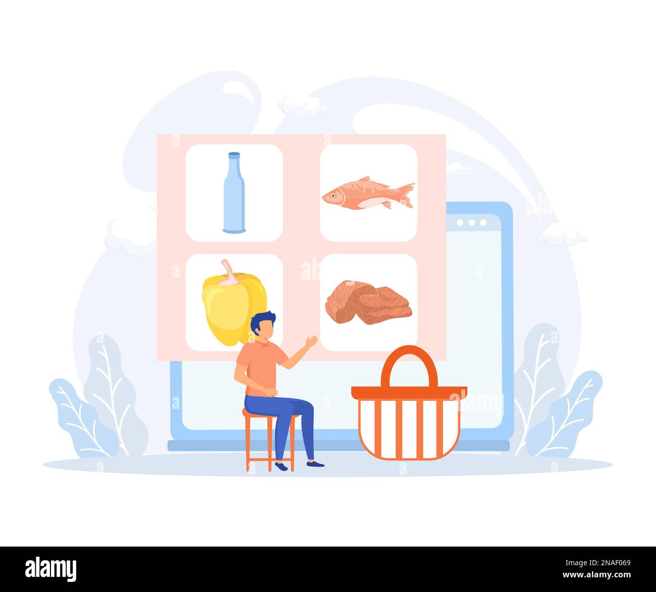 Grocery store illustration. Character buying in supermarket and online ...
