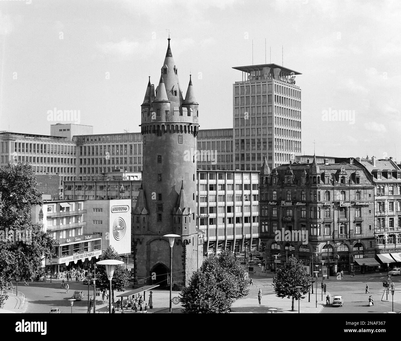 550-year-old Eschenheimer Turm in downtown Frankfurt, West Germany, is ...