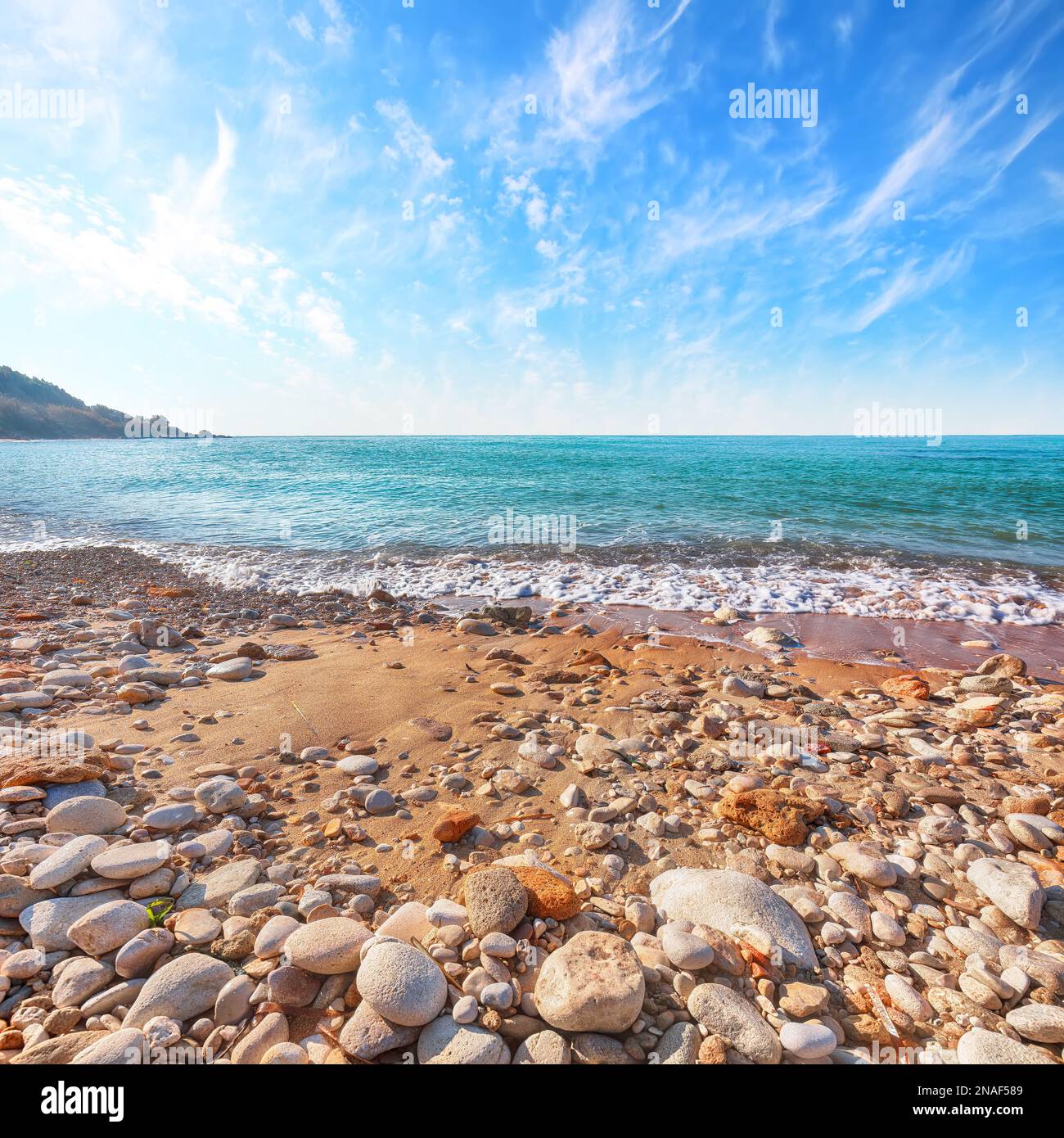 Fabulous view azure sea glowing by sunlight. Dramatic morning scene ...
