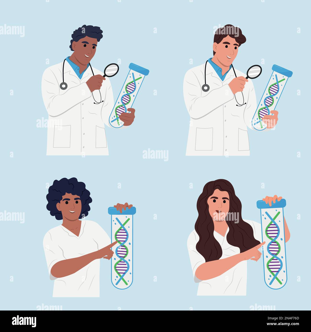 Set of young smiling geneticist doctors researching human DNA. February ...
