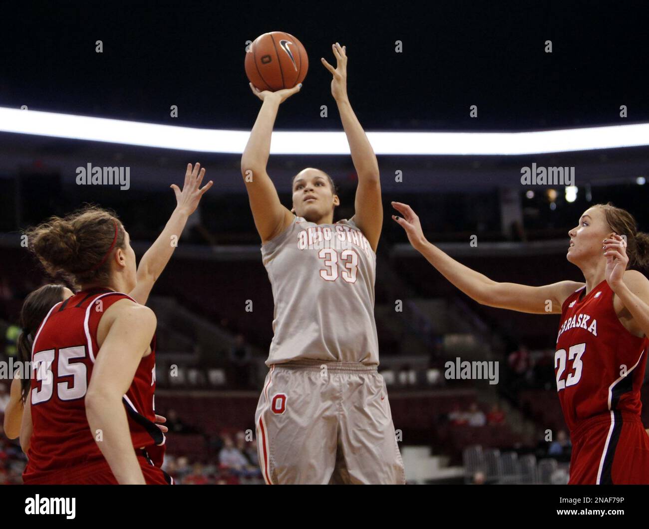 Ohio State's Ashley Adams (33) shoots over Nebraska's Jordan Hooper (35 ...