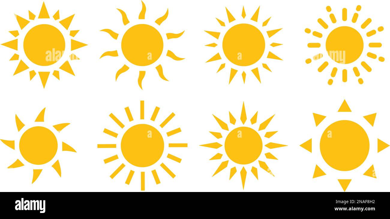 .Set of Sun vector icon yellow. Group Sun shine ray. Collection ...