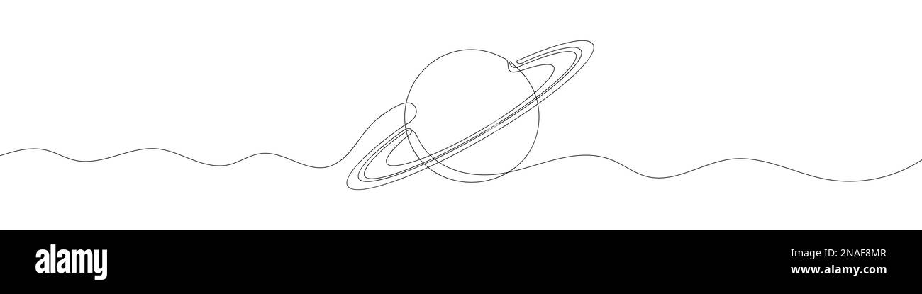 One continuous line drawing of planet. Saturn planet in one line ...