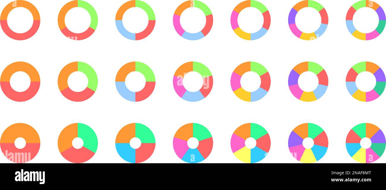 Set of colorful donut or pie chart. Circle division on 2, 3, 4, 5, 6, 7 ...