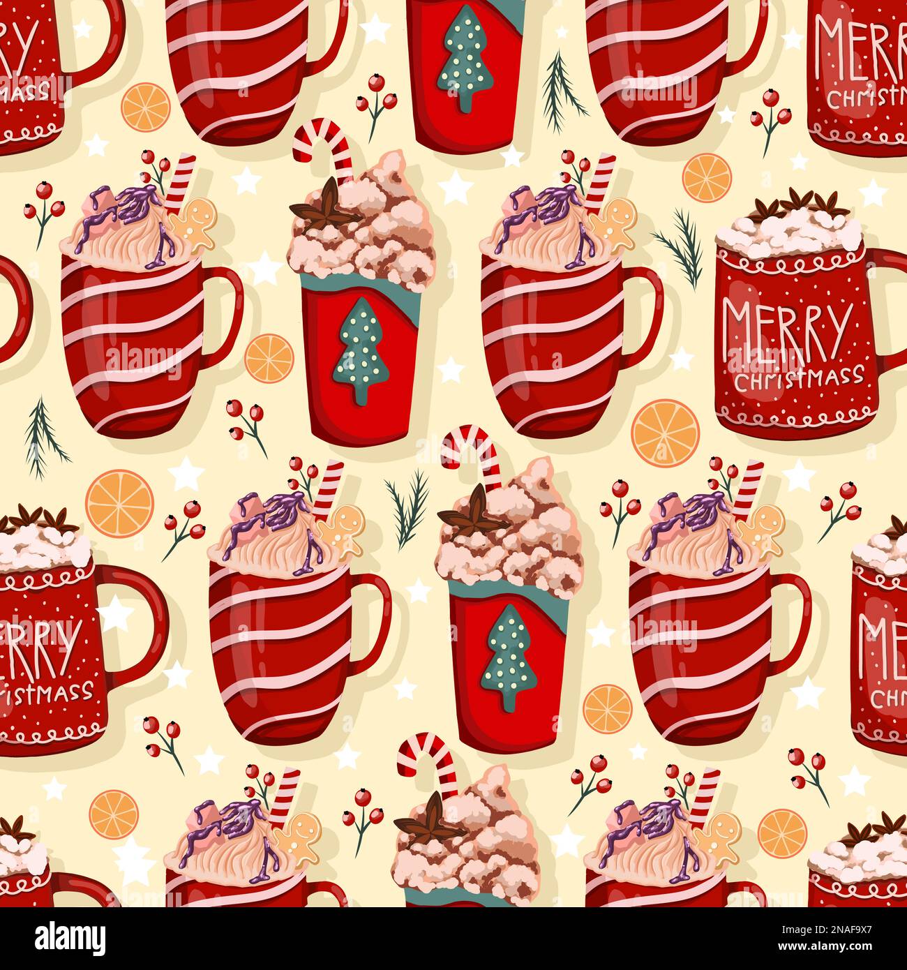 Wrapping paper with Christmas cups. Hot winter drink with marshmallows ...
