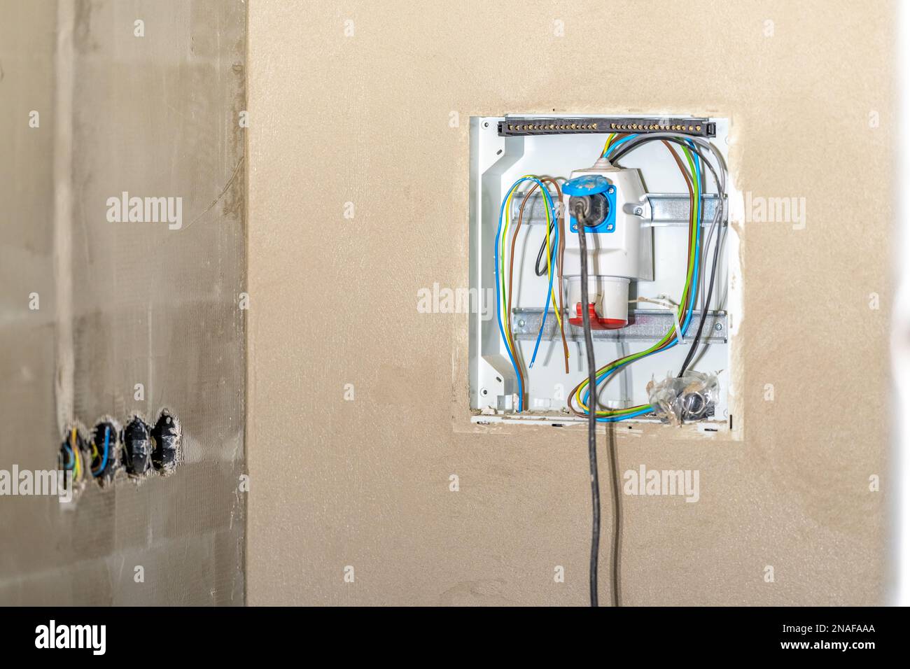 electrical switchboard on the construction of a family house Stock ...