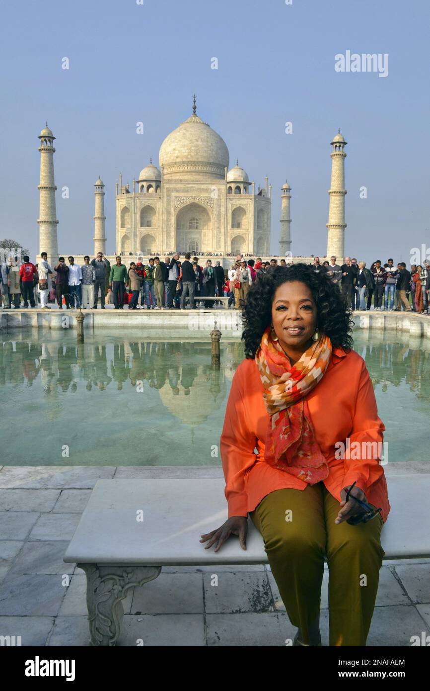 U.S. talk show host Oprah Winfrey poses during a visit to the Taj Mahal in Agra, India, Thursday ...