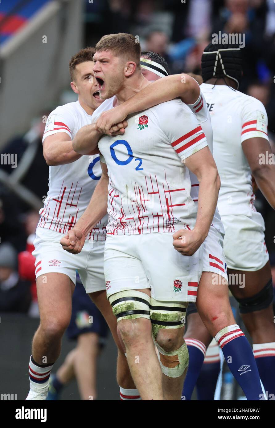 England's Jack Willis celebrates his Try during the 2023 Six Nations ...