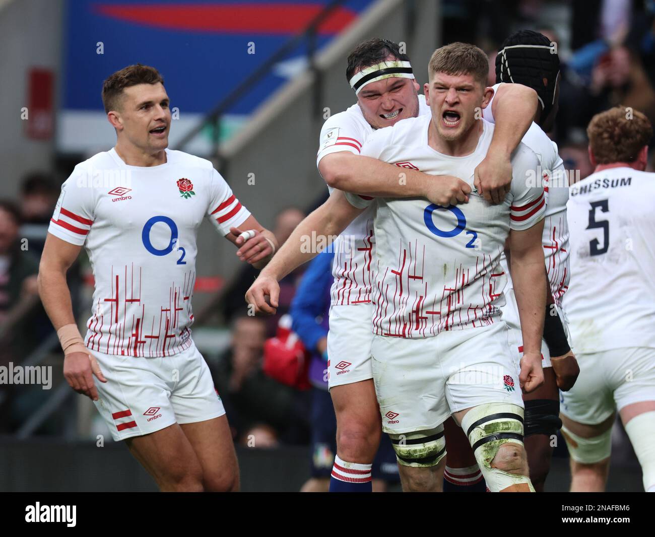 England's Jack Willis celebrates his Try with England's Jamie George ...
