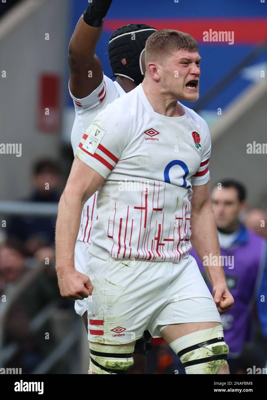 England's Jack Willis celebrates his Try during the 2023 Six Nations ...