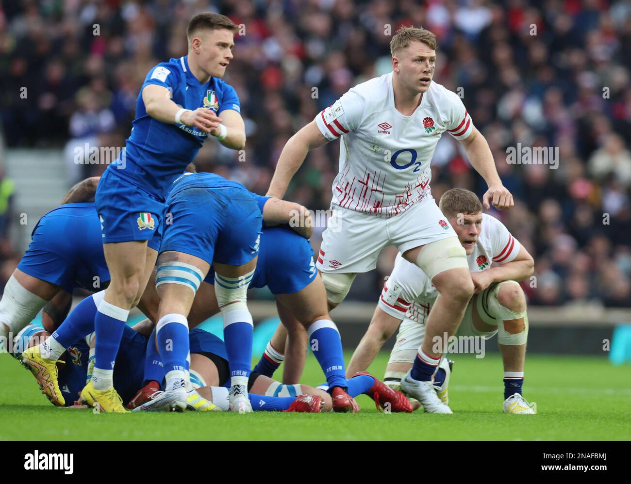 L-R Stephen Varney of Italy(Gloucester) and England's Alex Dombrandt ...