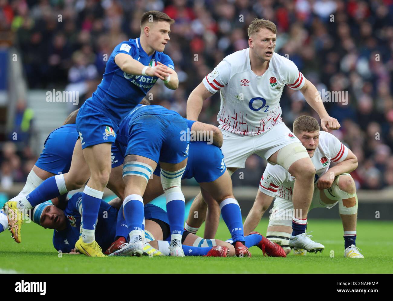 L-R Stephen Varney of Italy(Gloucester) and England's Alex Dombrandt ...