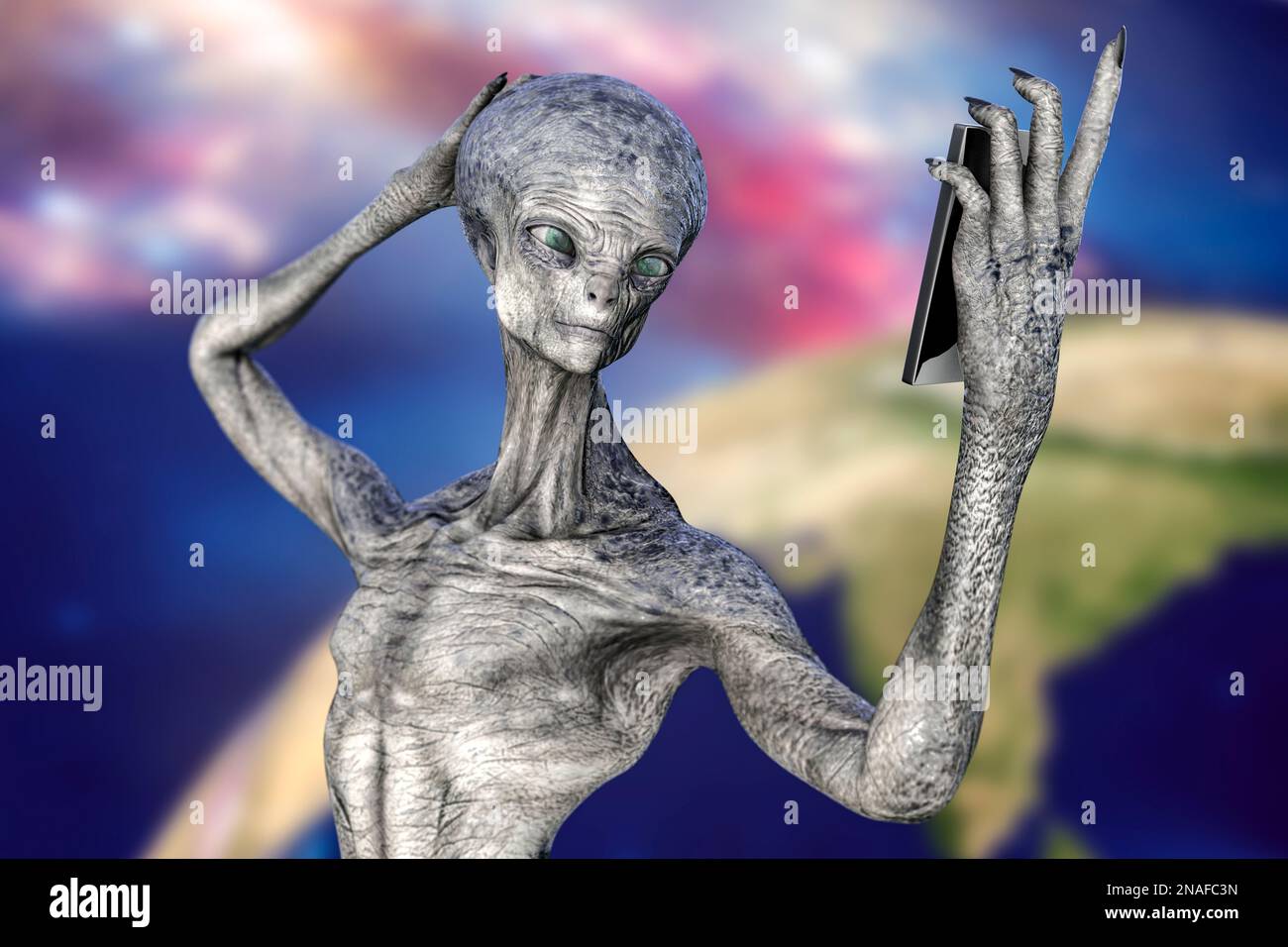 Humanoid alien makes selfie on a space and Earth background, 3D ...