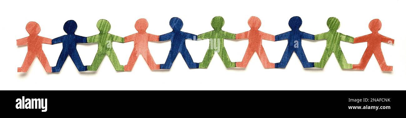 A paper chain that has been created from people cut-outs. Coloured red ...