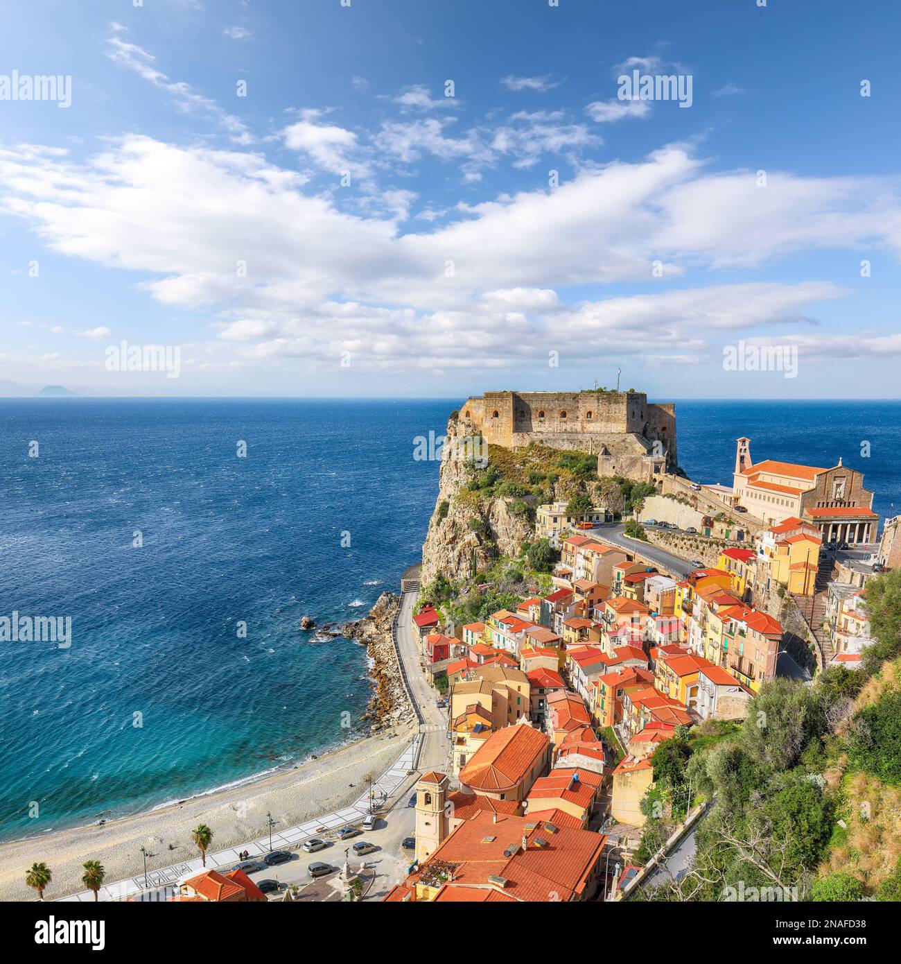 Awesome seaside and village Scilla with old medieval castle on rock ...