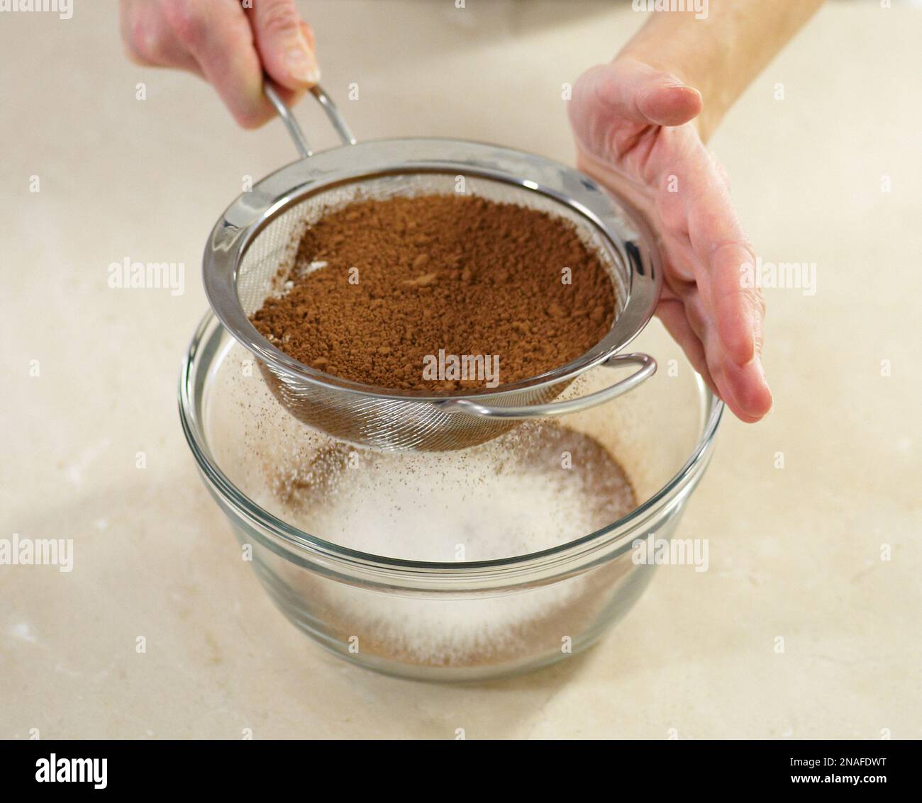 Making Whoopie Pies, sifting together, flour, baking powder and cocoa ...