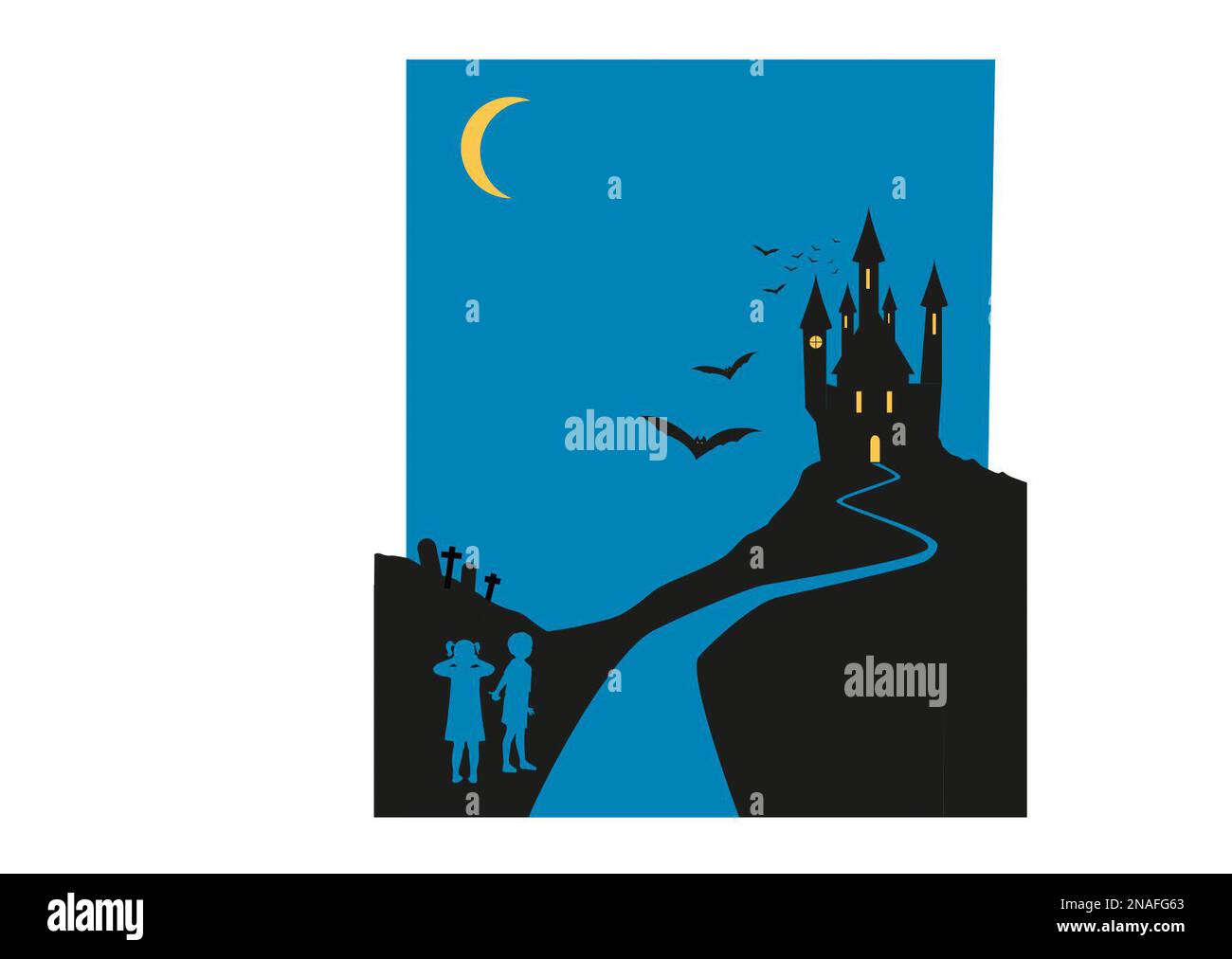 Children standing afraid outside a spooky house Stock Photo - Alamy