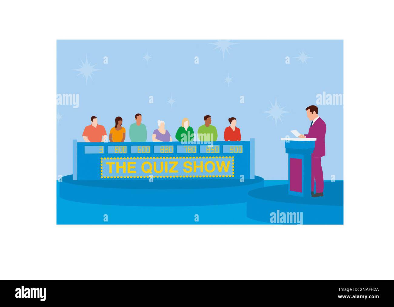 Seven competitors and a game show host on a quiz show Stock Photo - Alamy