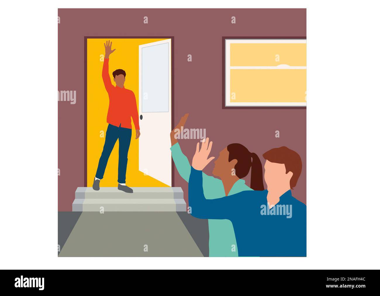 A couple waving goodbye while their friend remains at home Stock Photo ...