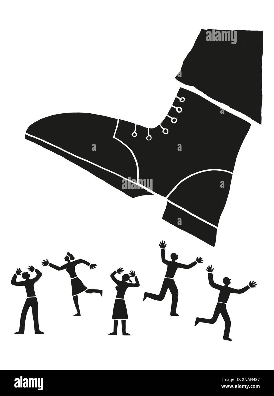 Tiny humans being crushed by a huge foot representing oppression Stock ...