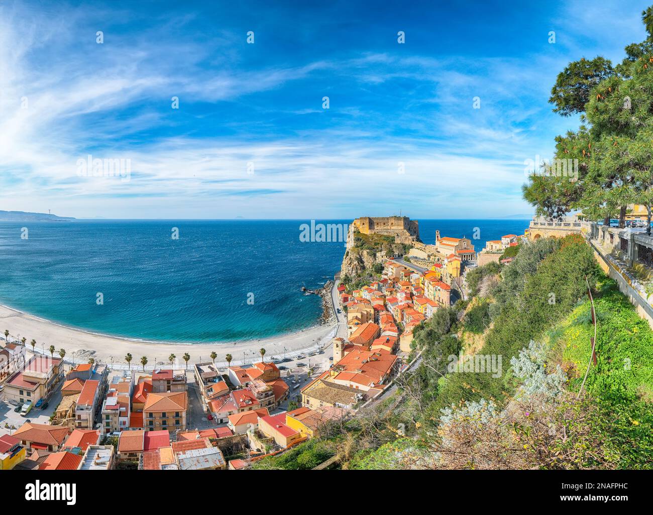 Awesome seaside and village Scilla with old medieval castle on rock ...
