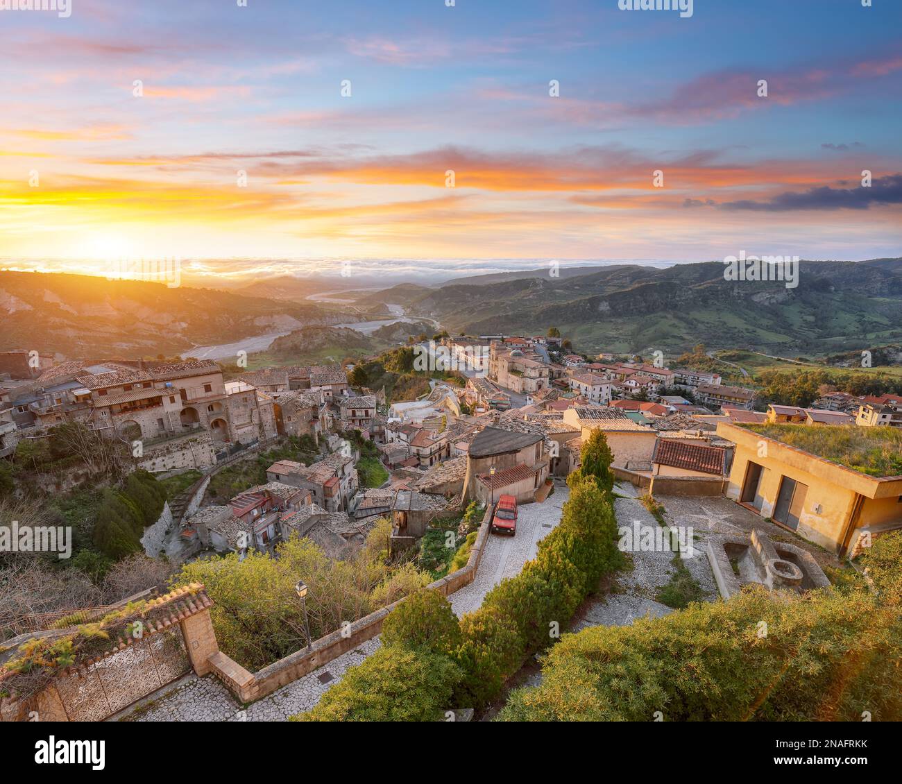 Fantastic sunrise over old famous medieval village Stilo in Calabria ...