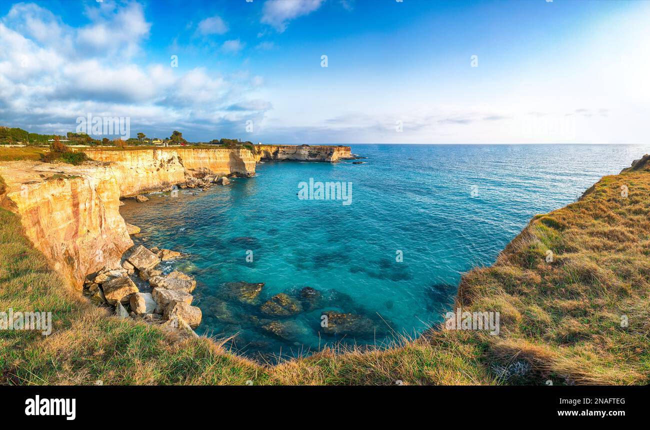 Picturesque seascape with white rocky cliffs, sea bay, islets and ...