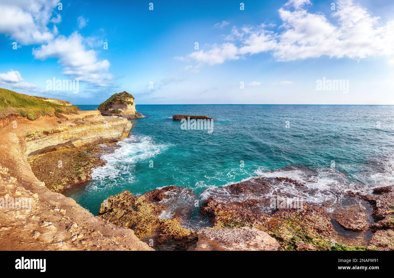Picturesque seascape with white rocky cliffs, sea bay, islets and ...