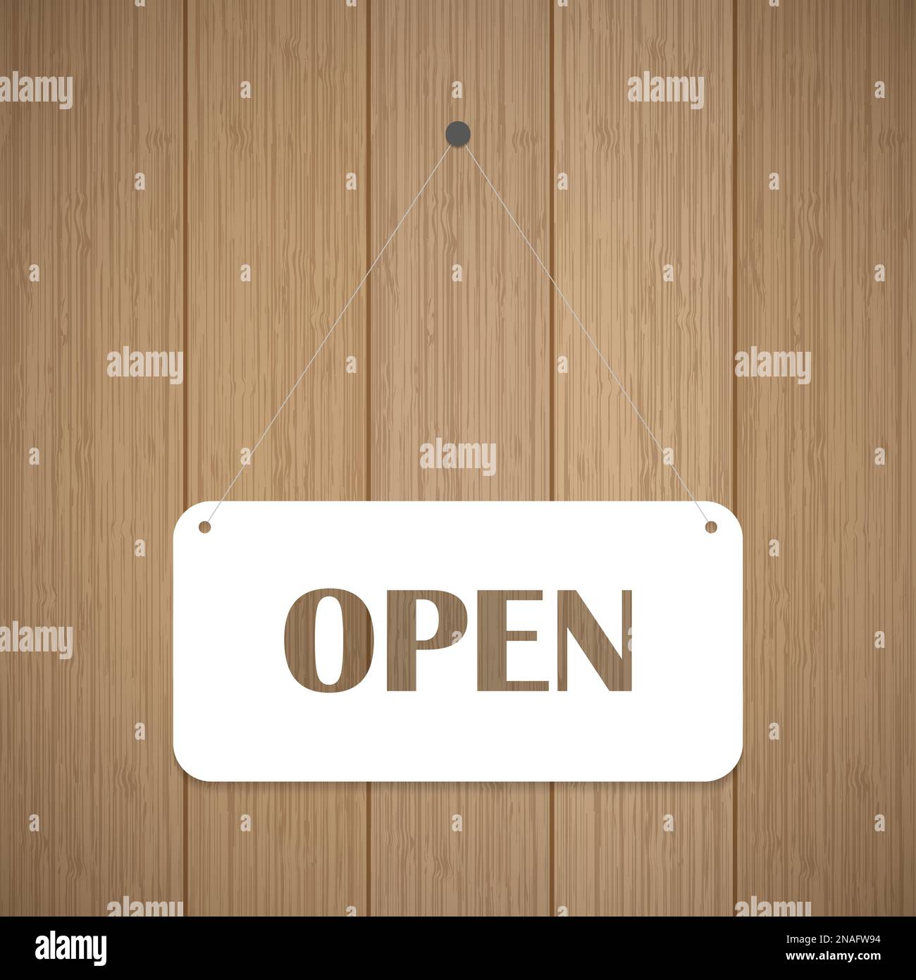 Open sign board hanging on the wooden wall. Vector illustration Stock ...