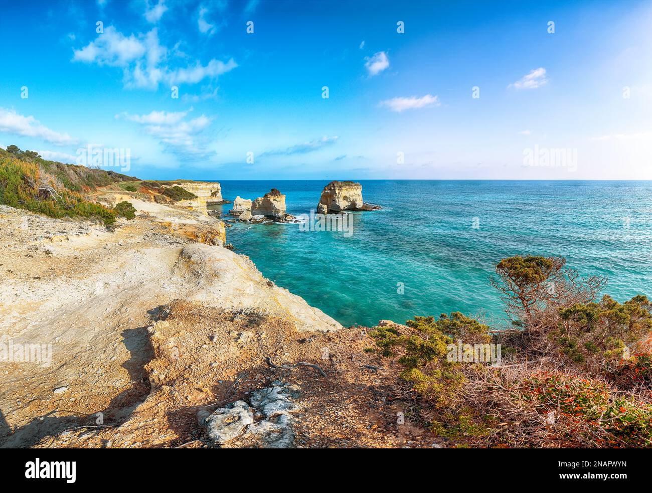 Picturesque seascape with white rocky cliffs, sea bay, islets and ...