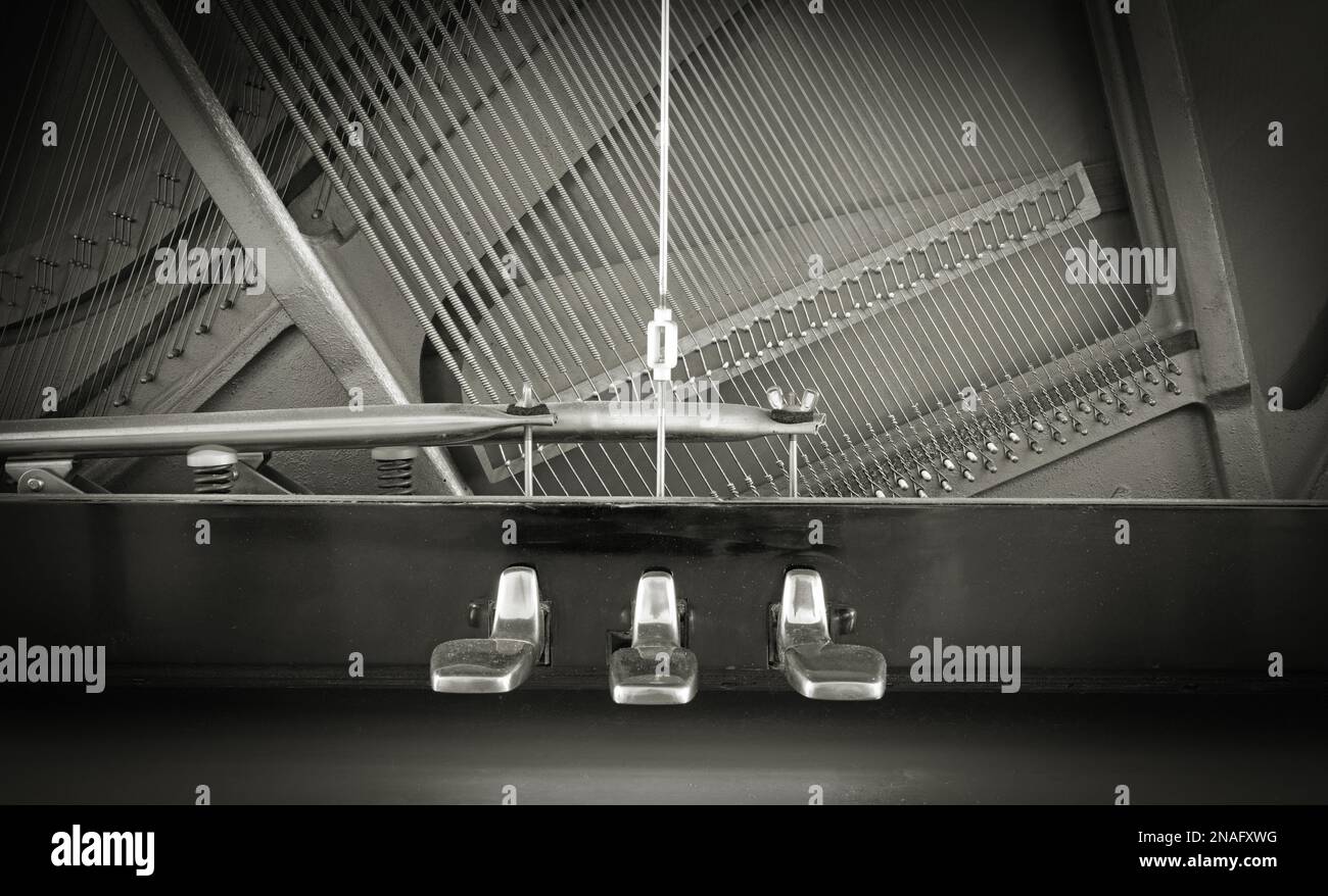 Old piano pedal with close-up shot, old pedal with scratches and dust ...