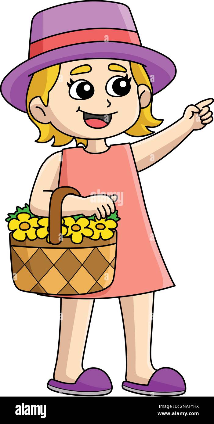 Spring Girl Holding Basket Flower Cartoon Clipart Stock Vector Image ...