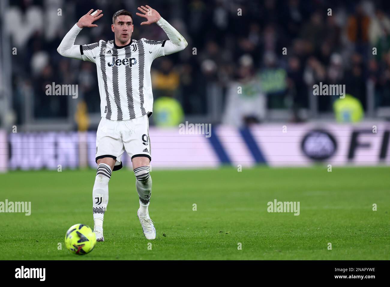 Torino, Italy. 12th Feb, 2023. Dusan Vlahovic of Juventus Fc gestures ...