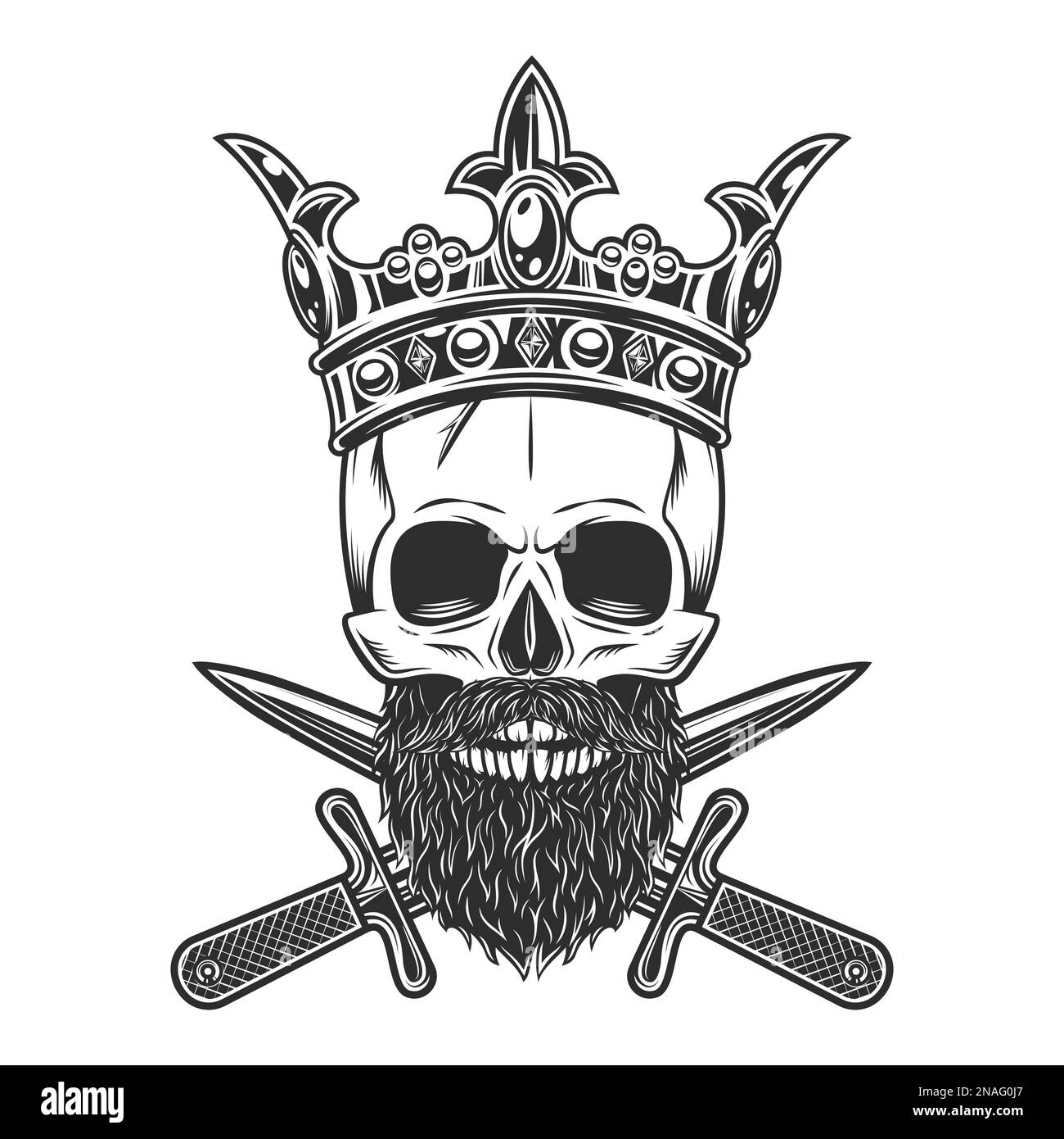Skull in crown royal king with hipster mustache and beard and crossed ...