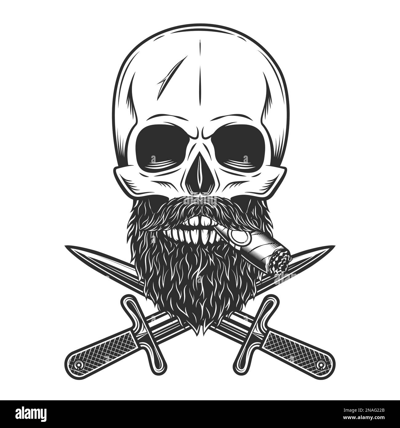 Skull smoking cigar or cigarette with mustache and beard and crossed ...