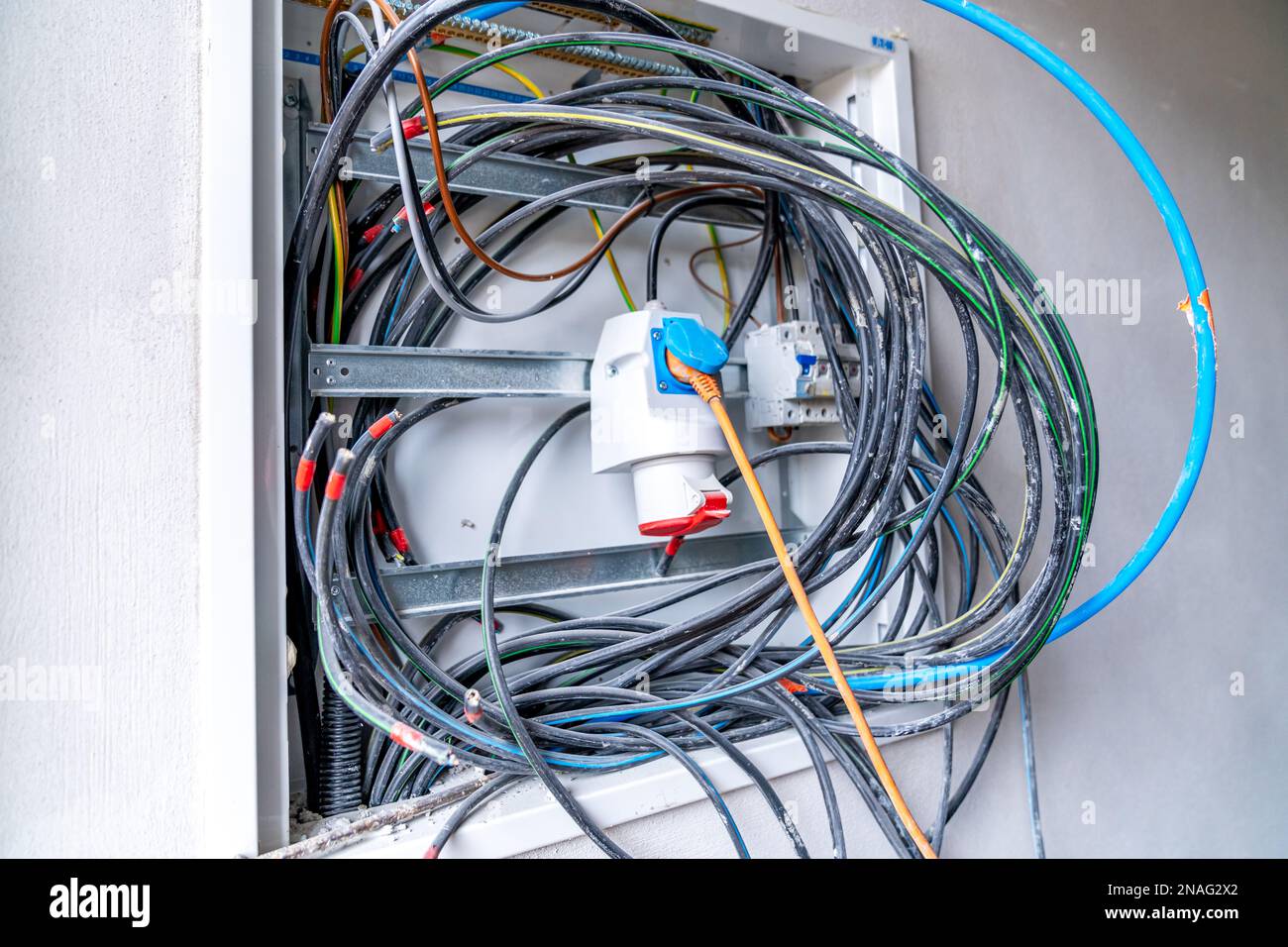 electrical switchboard on the construction of a family house Stock ...