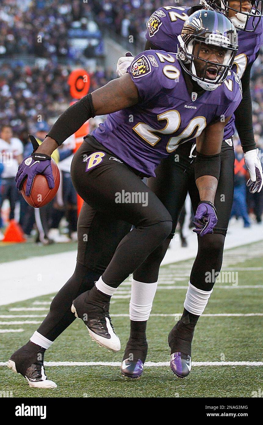 Baltimore Ravens free safety Ed Reed reacts to his interception during ...