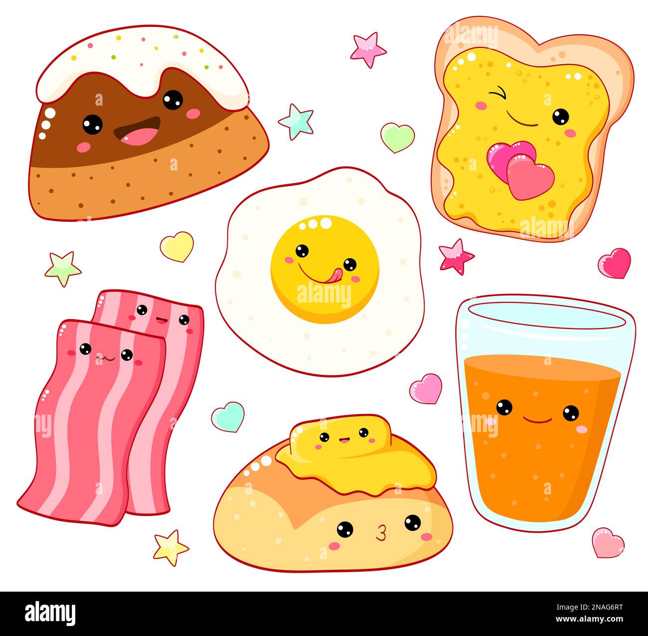 Breakfast time. Set of cute food icons in kawaii style for sweet design ...